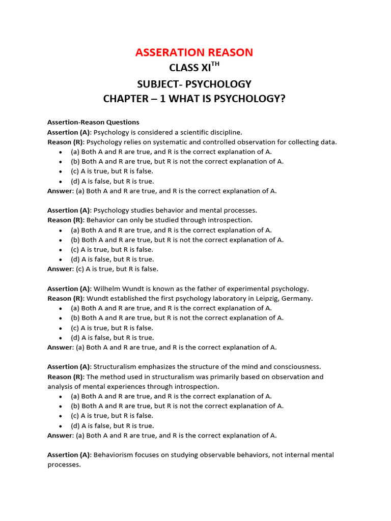Class 11 Asseration Reason Psychology CHP 1 (2024-25) | PDF | Cognition