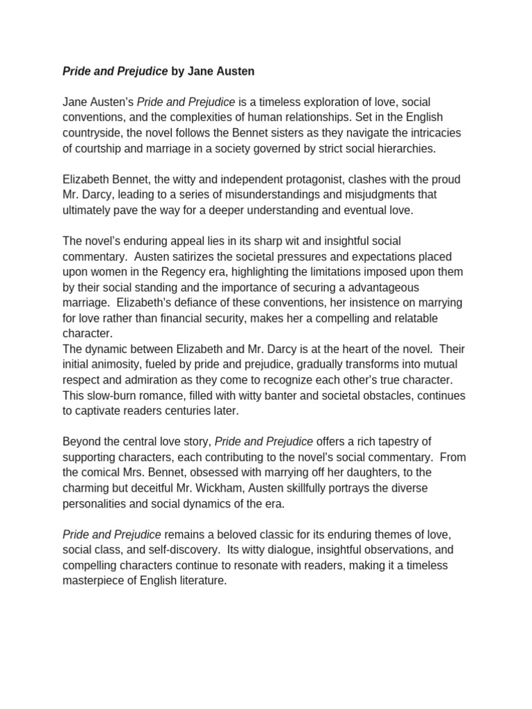 Pride and Prejudice by Jane Austen Essay | PDF