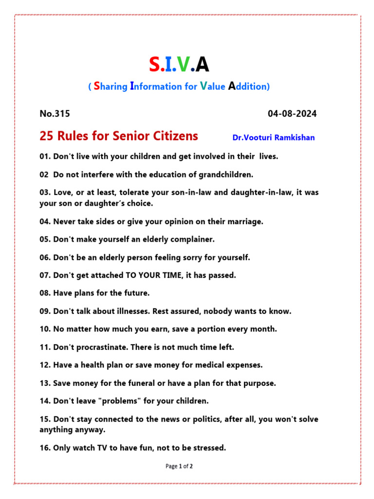 SIVA - 315 - 25 Rules For Senior Citizens | PDF