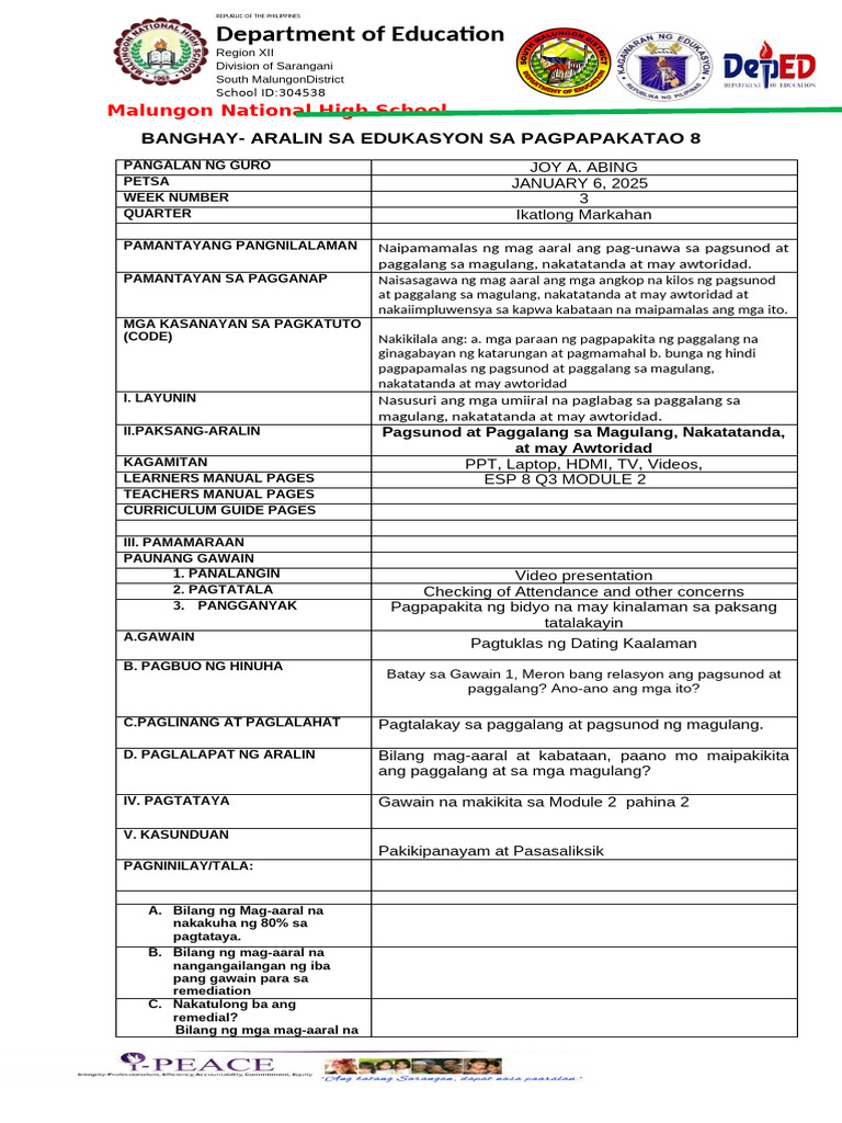 BANGHAY ARALIN ESP 8 Module 2 Week 2 | PDF