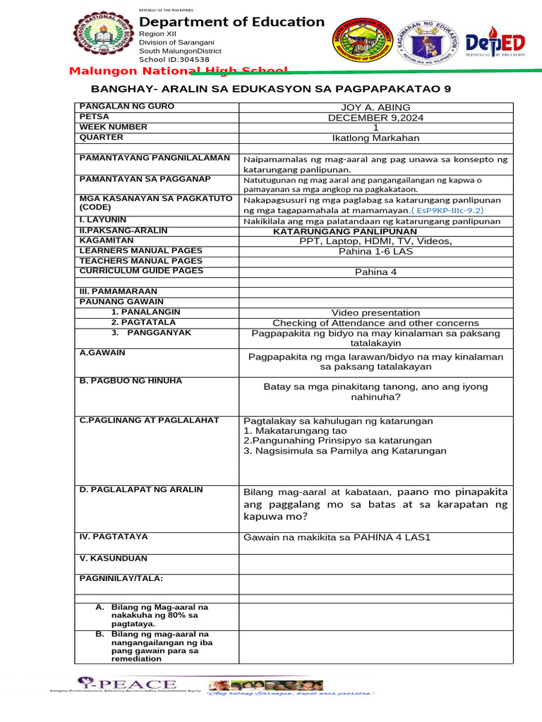 BANGHAY ARALIN ESP 9 | PDF