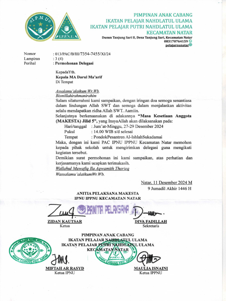 Surat Permohonan Delegasi PAC IPNU IIPNU Kecamatan Natar | PDF