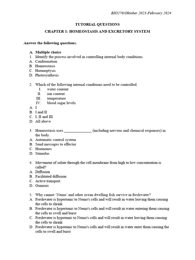 Question - Tutorial 1 - Homeostasis and Excretory System | PDF