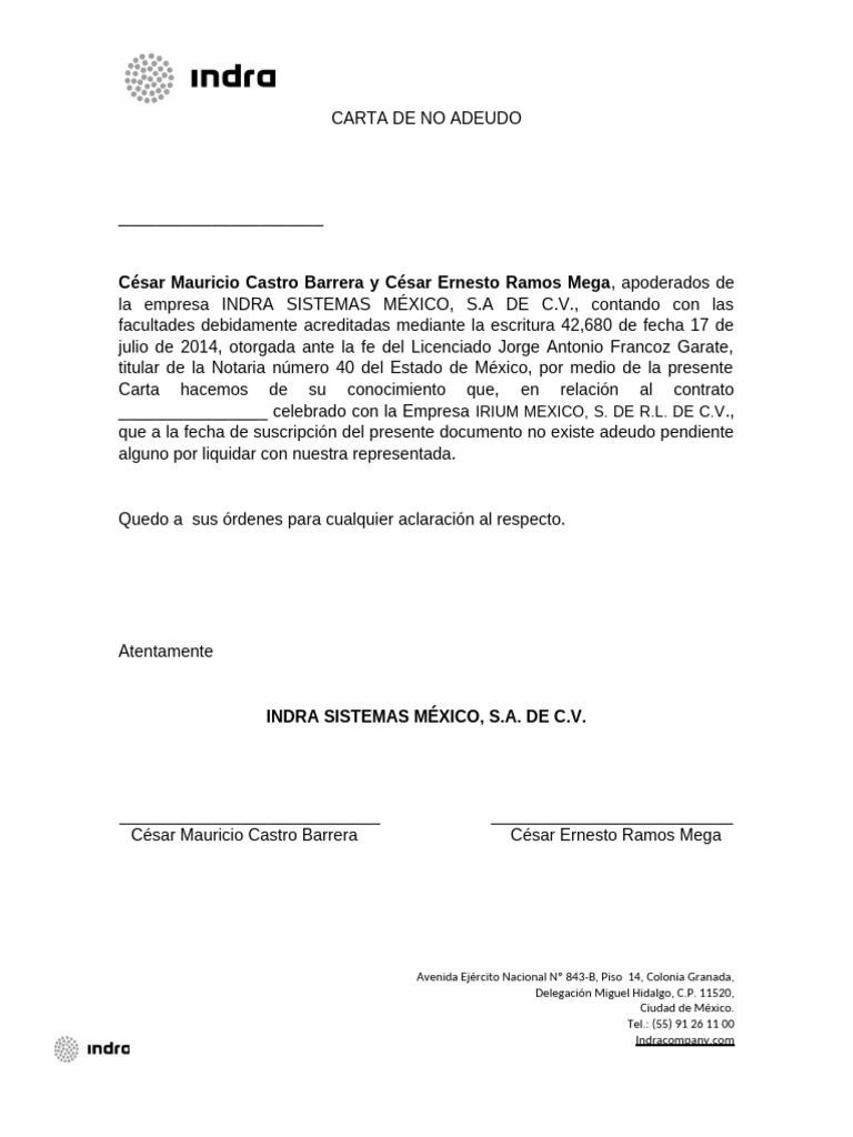 Carta de No Adeudo de Indra Sistemas | PDF