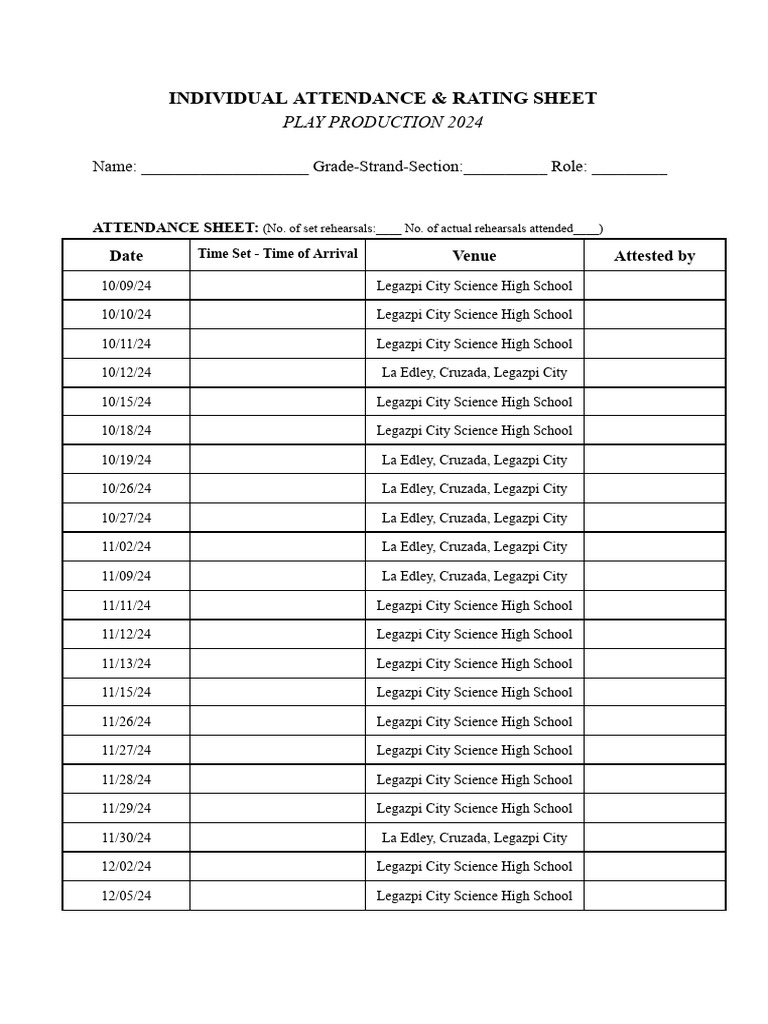 Play Production Attendance & Rating Sheet | PDF