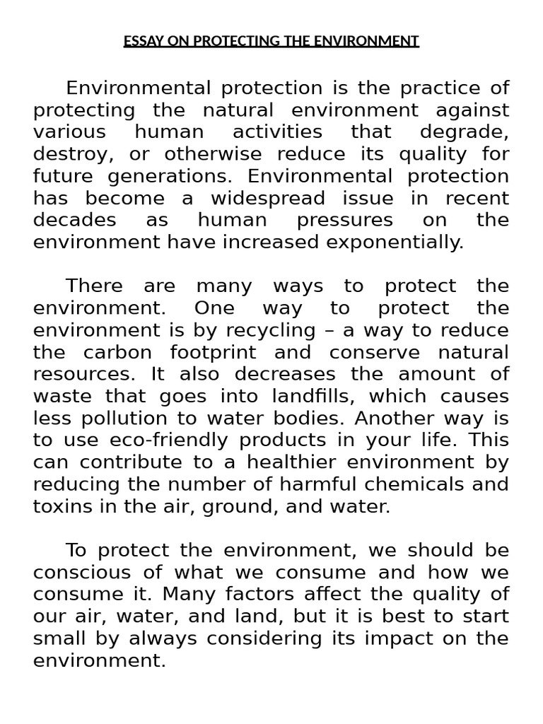 ESSAY ON PROTECTING THE ENVIRONMENT | PDF | Environmental Protection ...