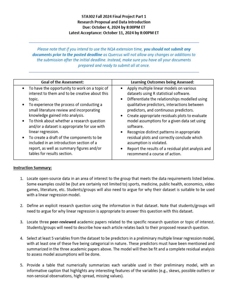 Final Project Part 1 Instructions-1 | PDF | Dependent And Independent Variables | Regression ...