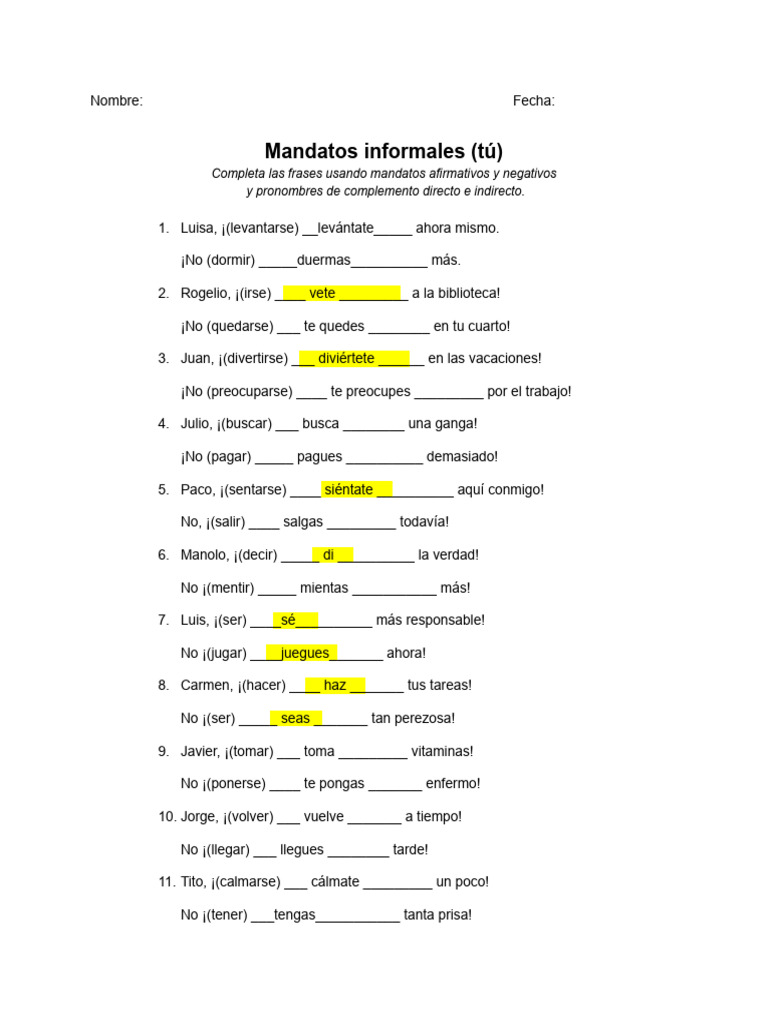 Spanish 3 Practice Mandatos Informales (Tú) | PDF