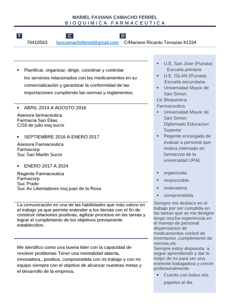 Curriculum Vitae Mariel Faviana Camacho Ferrel | PDF | Farmacia