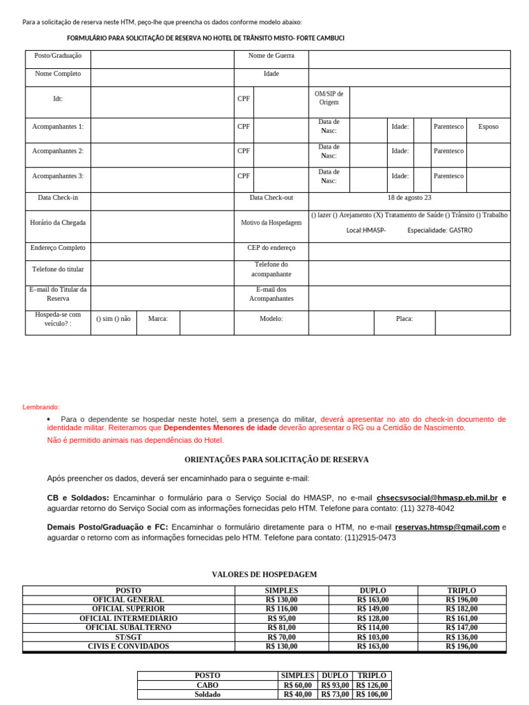 Formulario Reserva HT - PREENCHER | PDF