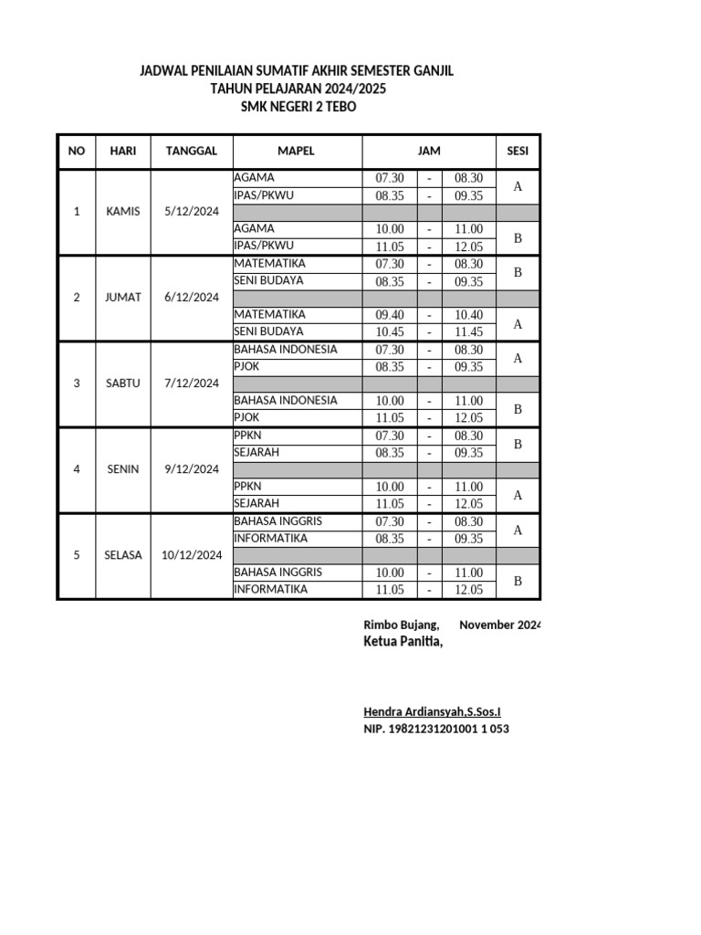 JADWAL - UJIAN - SUMATIF - SEMESTER - GANJIL - 2024 | PDF