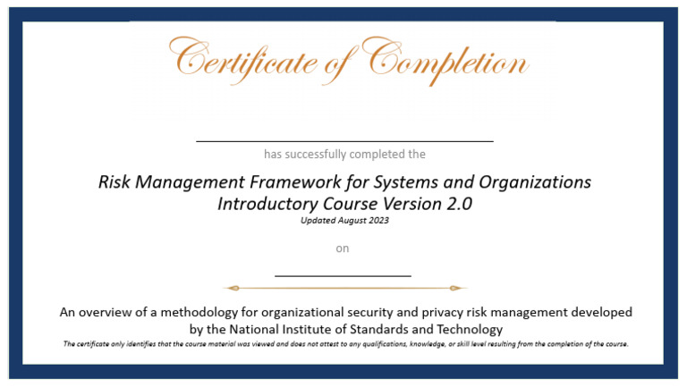 NIST RMF Introductory Course v2 Completion Certificate | PDF