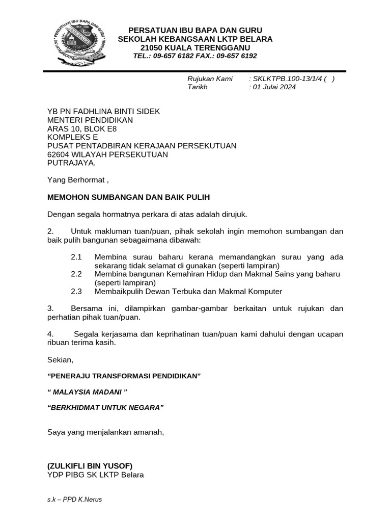 SURAT SUMBANGAN DAN BAIK PULIS SURAU 2024 MENTERI PENDIDIKAN | PDF