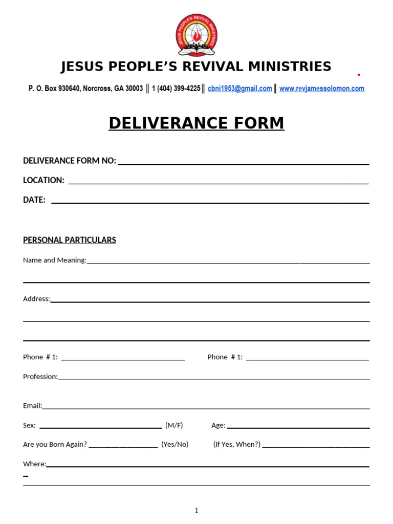 Deliverance Questionnaire Form | PDF | Indemnity | Prayer