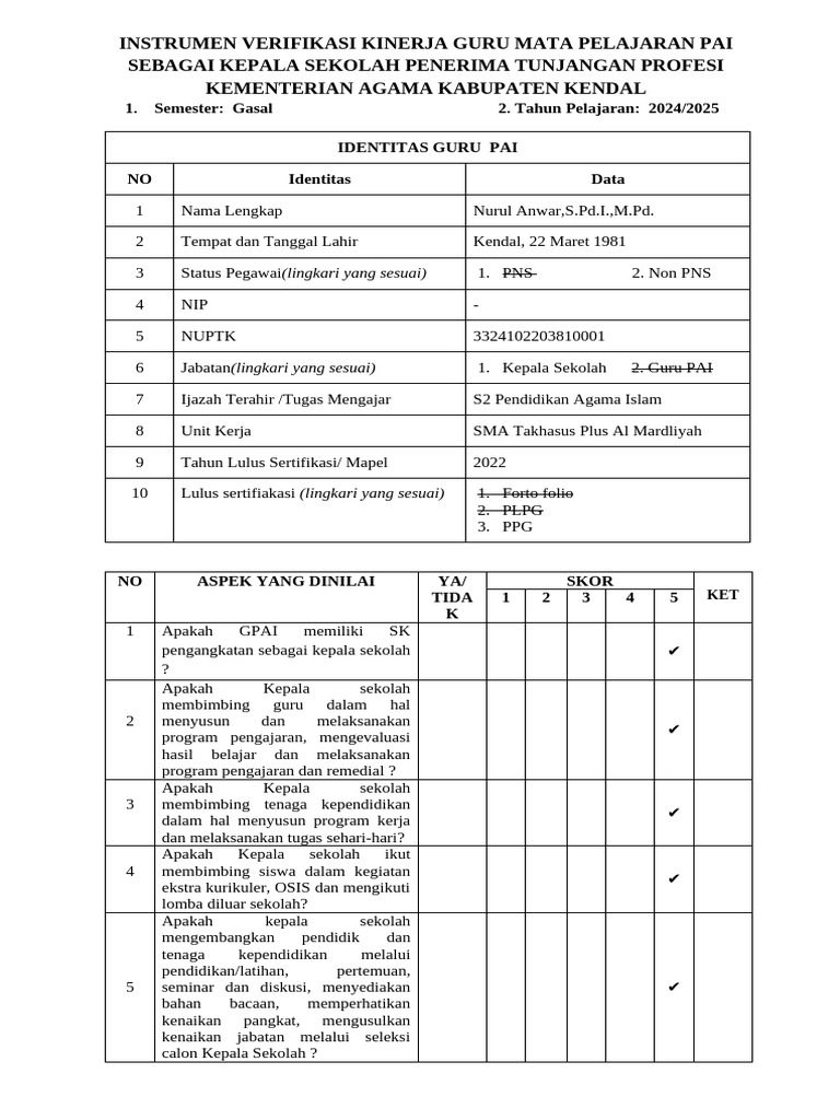 INSTRUMEN PKG GPAI Kepala Sekolah 2024 2025 | PDF