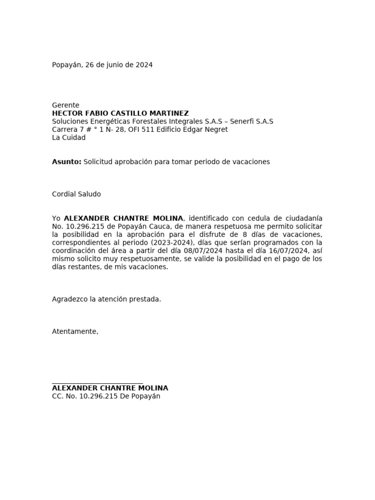 Solicitud de Vacaciones | PDF