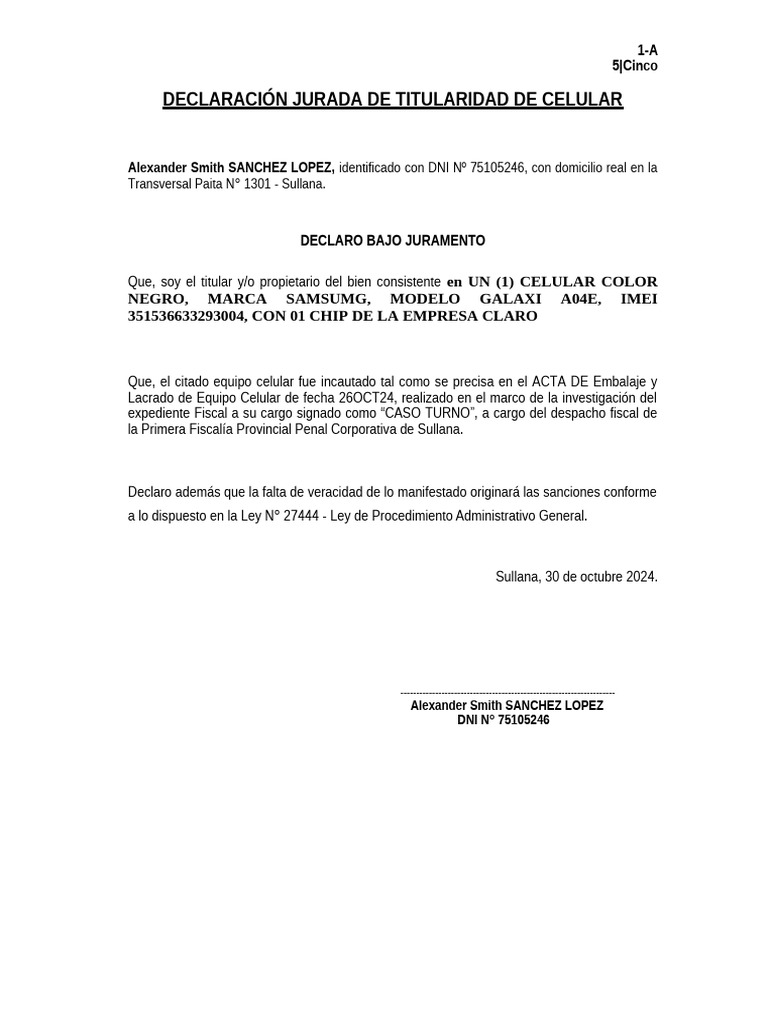 Declaración Jurada de Titularidad de Celular - Navarro | PDF