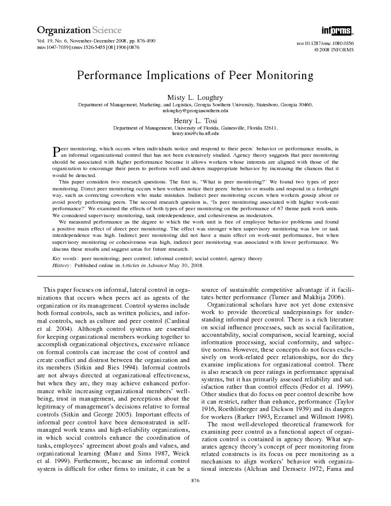 Performance Implications of Peer Monitoring: Science | PDF | Factor ...
