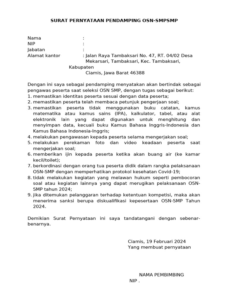 Surat Pernyataan Pendamping Osn | PDF