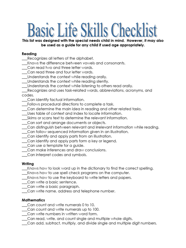 Basic Life Skills Checklist | PDF | Information | Multiplication