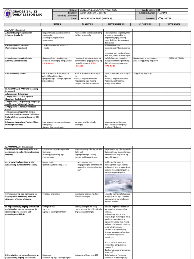 DLL - Filipino 3 - Q3 - W4 | PDF