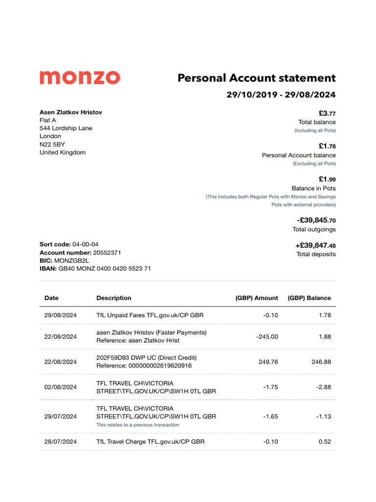 Monzo_bank_statement_2019-10-29-2024-08-29_531 | PDF | Overdraft ...