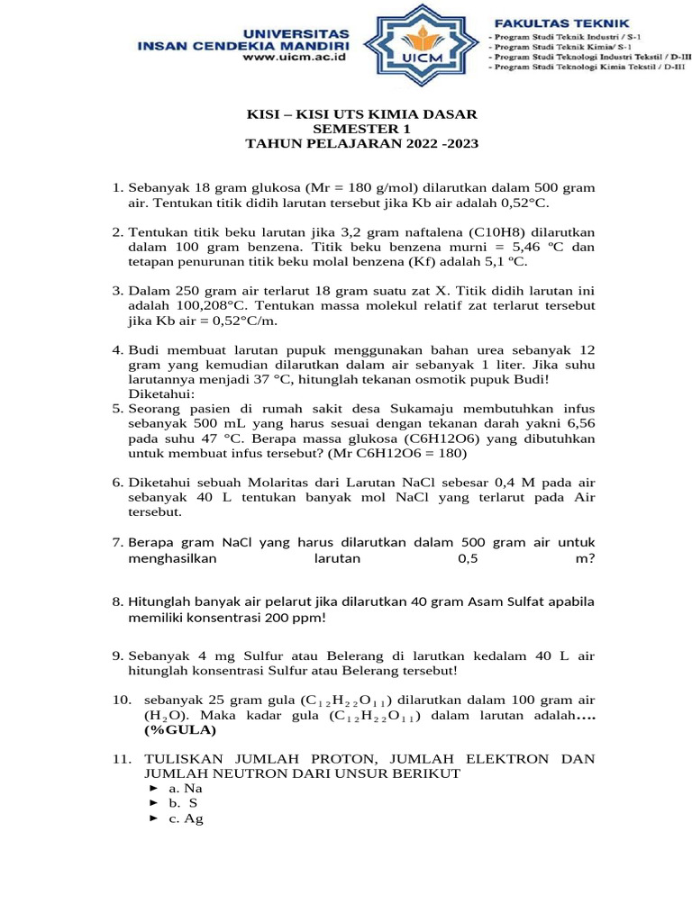 Kisi - Kisi Uts Kimia Dasar s.1 Tahun 2022-2023 | PDF