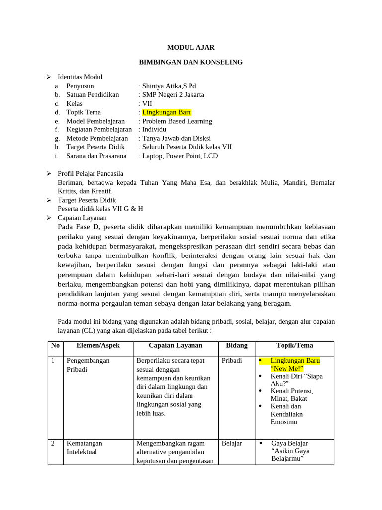 MODUL AJAR BK - Tya | PDF