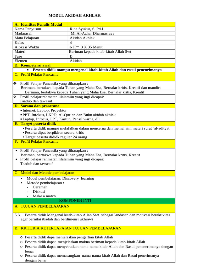 Modul Beriman Kepada Kitab-Kitab Allah s.1 Tp.2024 Kls 4 | PDF