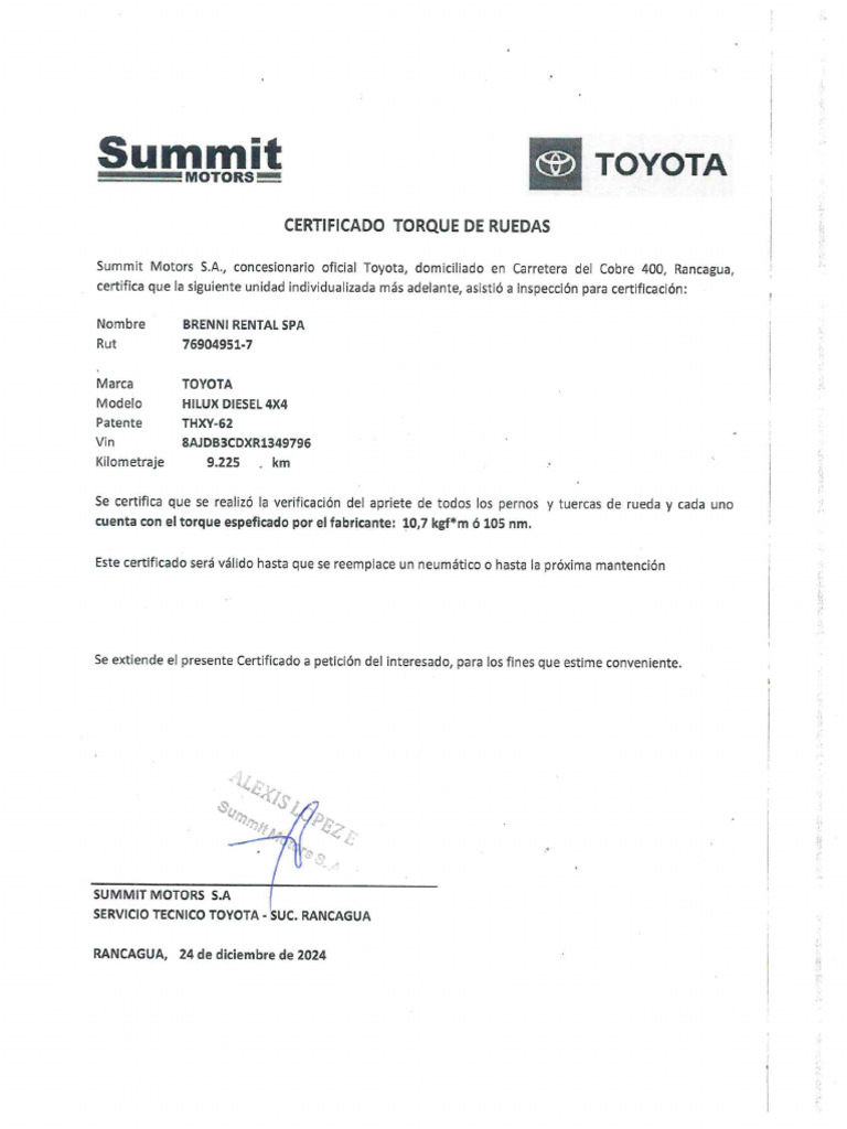 THXY62 Certificado de Torque de Ruedas | PDF