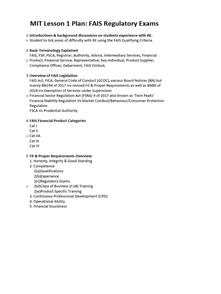 MIT Lesson 1 Plan - FAIS Regulatory Exams | PDF