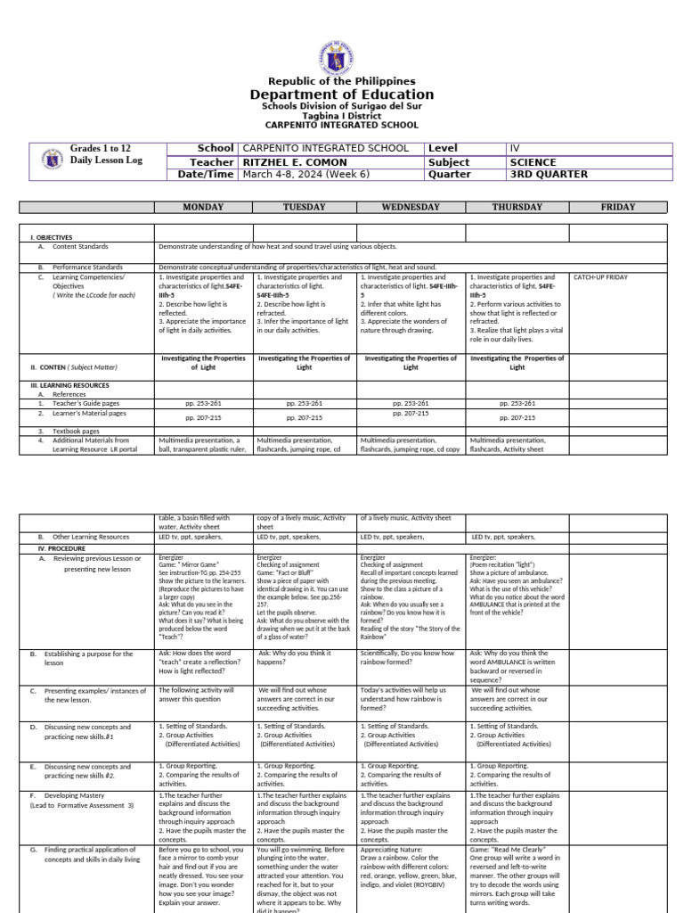 DLL_SCIENCE 4_Q3_W6 | PDF | Rainbow | Teachers