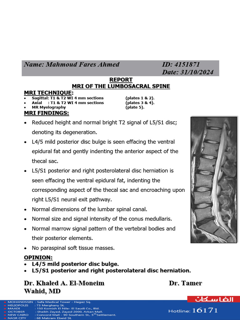Name: Mahmoud Fares Ahmed ID: 4151871 Date: 31/10/2024: MRI OF THE ...