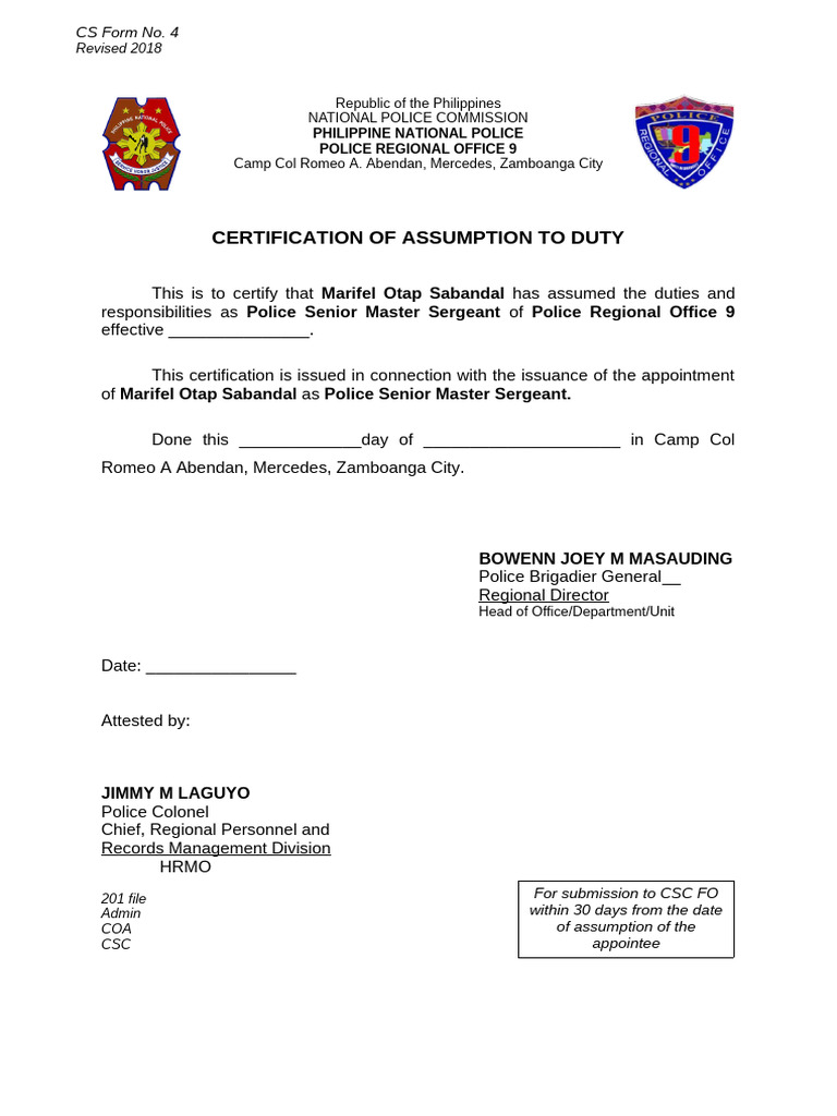 Certification of Assumption to Duty | PDF
