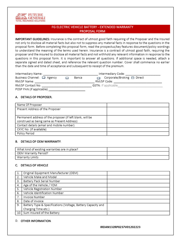 FG Electric Vehicle Battery Extended Warranty Proposal Form | PDF ...
