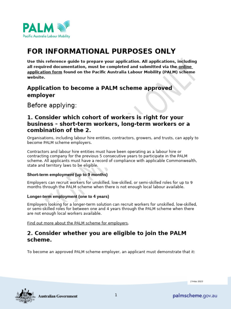 PALM Scheme Employer Application Form - Reference Only Version ...