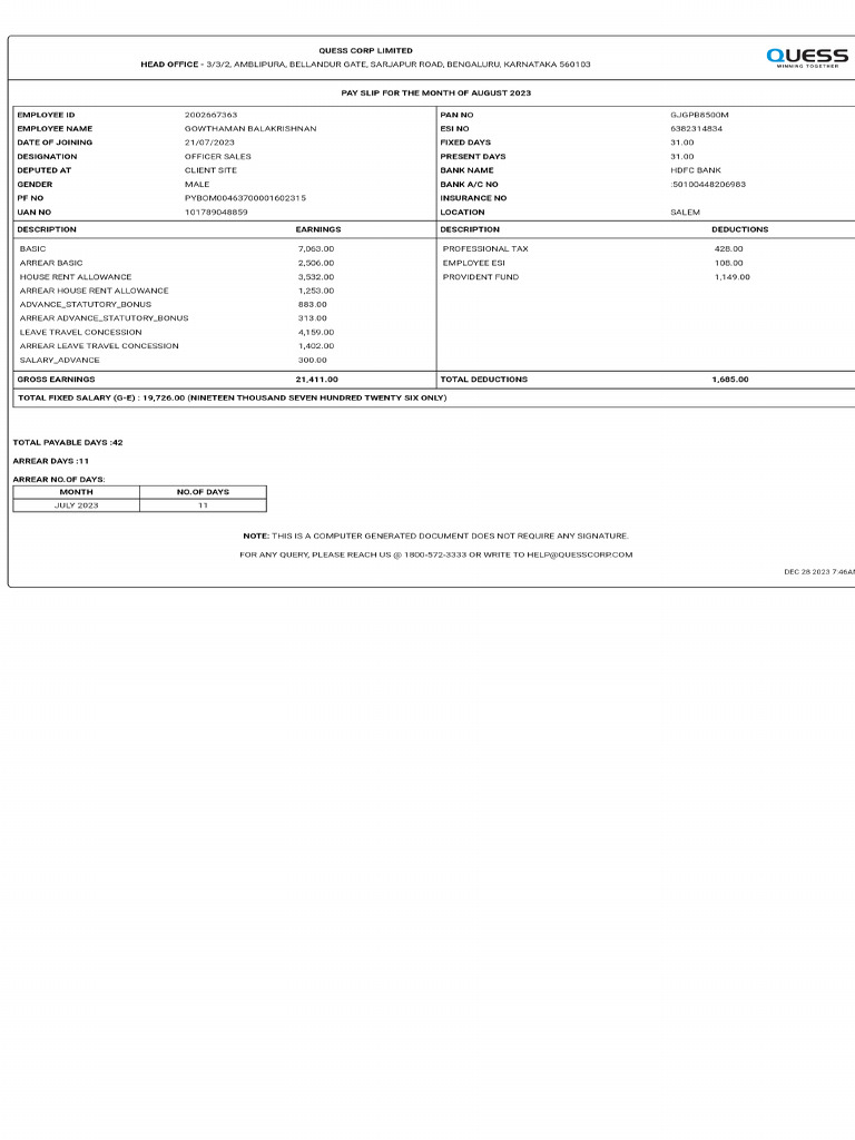 GOWTHAMAN - B - August 2023 - Salary Slip - August-2023 | PDF