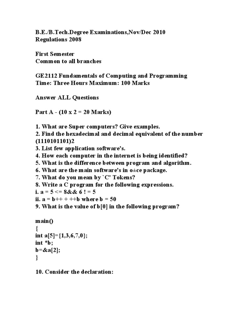Foc Model Question Paper (Sem-1) | PDF | C (Programming Language ...