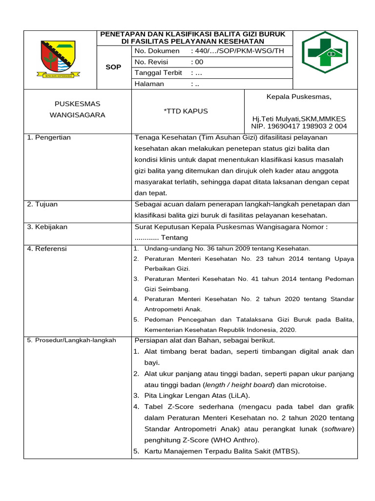 SOP Penetapan Dan Klasifikasi Balita Gizi Buruk Di Fasyankes | PDF
