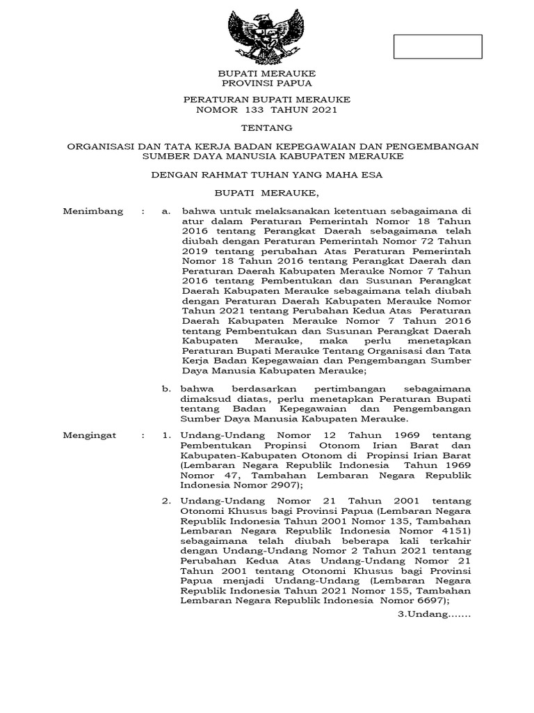 Perbub Sotk Badan Kepegawaian Dan Pengembangan Sumber Daya Manusia 2021 | PDF