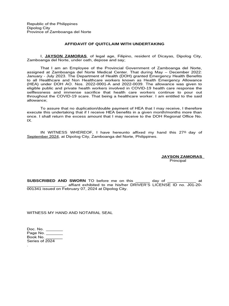 Affidavit of Quitclaim for HEA Benefits | PDF | Affidavit | Civil Law (Common Law)