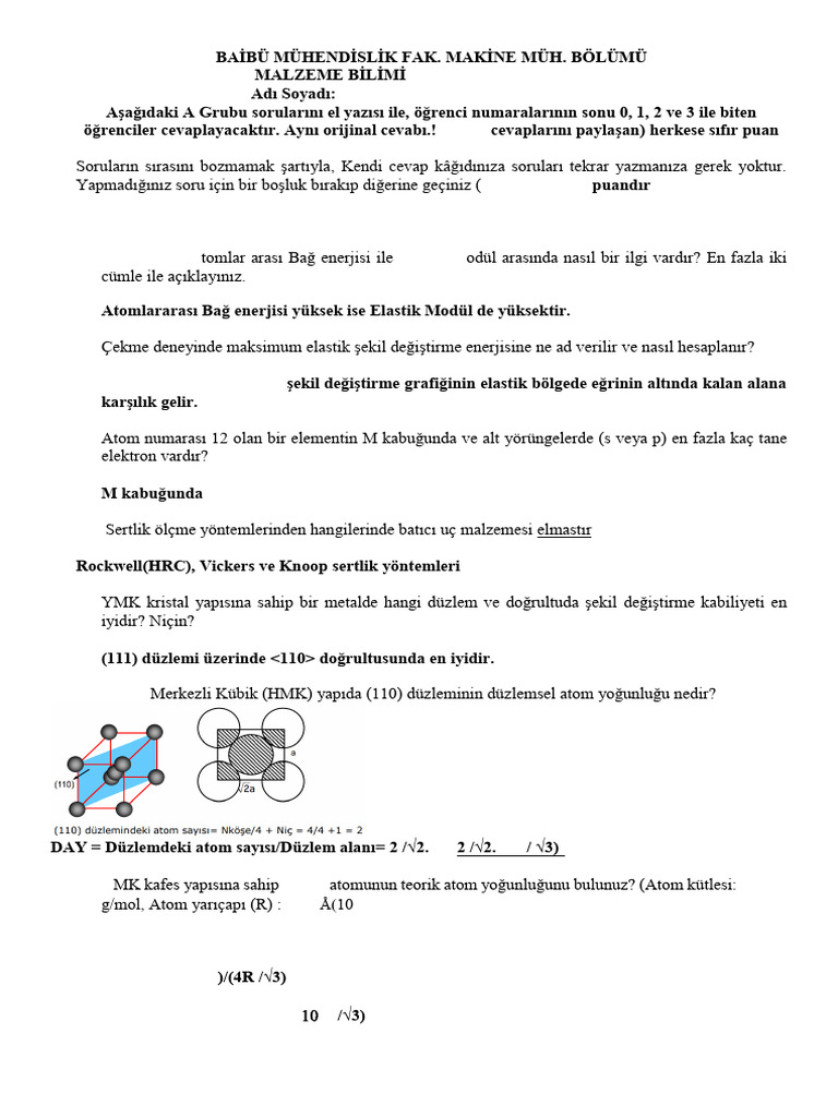 A Grubu Malzeme Bilimi Yaz Vize Ca | PDF