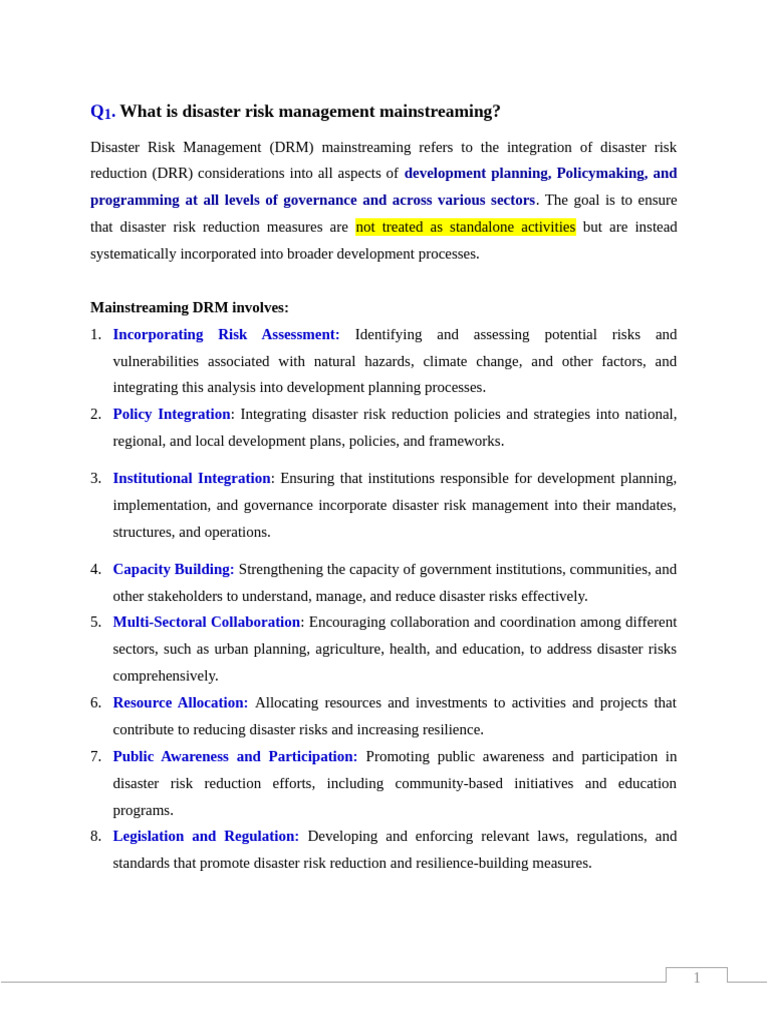What is Disaster Risk Management Mainstreaming (1) | PDF | Disaster ...