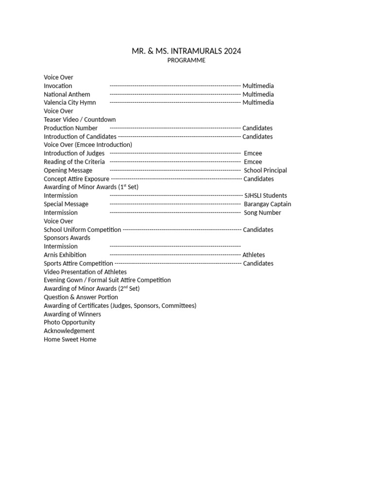Mr & Ms Intramurals 2024 - PROGRAMME | PDF