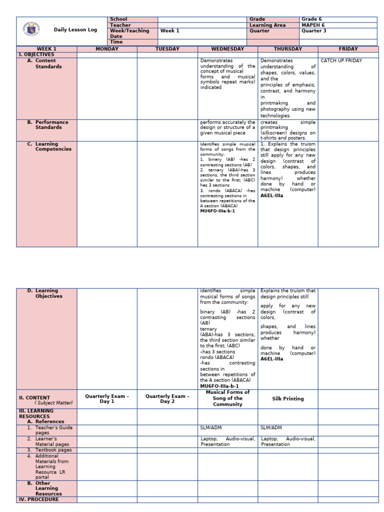 DLL_MAPEH_Q3_W1 | PDF | Musical Forms