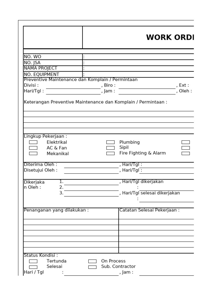 Form Work Order (WO) dan JSA | PDF