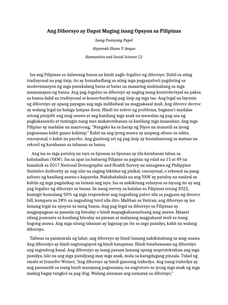 Ang Diborsyo Ay Dapat Maging Isang Opsyon Sa Pilipinas | PDF