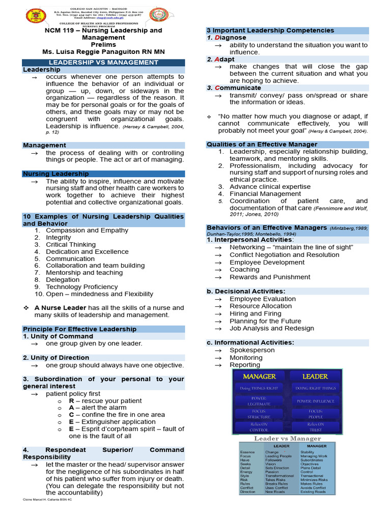 NCM 119 - Prelims (Updated) | PDF | Leadership | Nursing