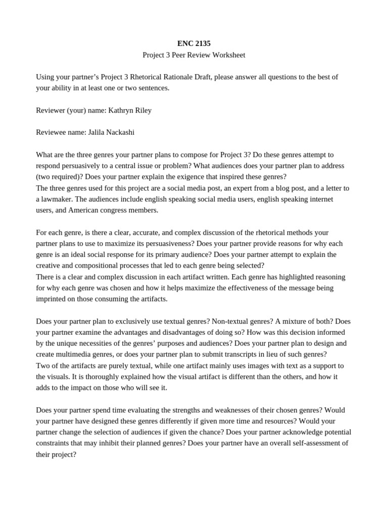 ENC 2135 Project 3 Peer Review Worksheet | PDF | Genre | Communication