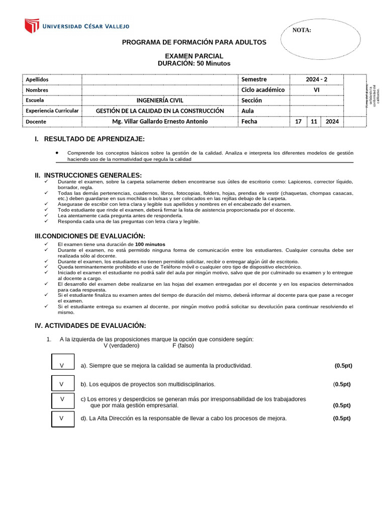 2024 02 Examen Parcial - PFA (1) VERY | PDF | Sistema de manejo de calidad | Calidad (comercial)